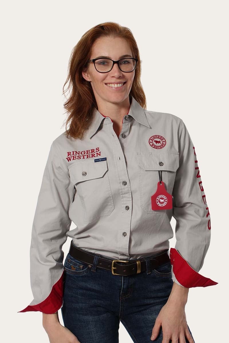 Signature Jillaroo Womans Full Button Work Shirt - Beige / Red ...